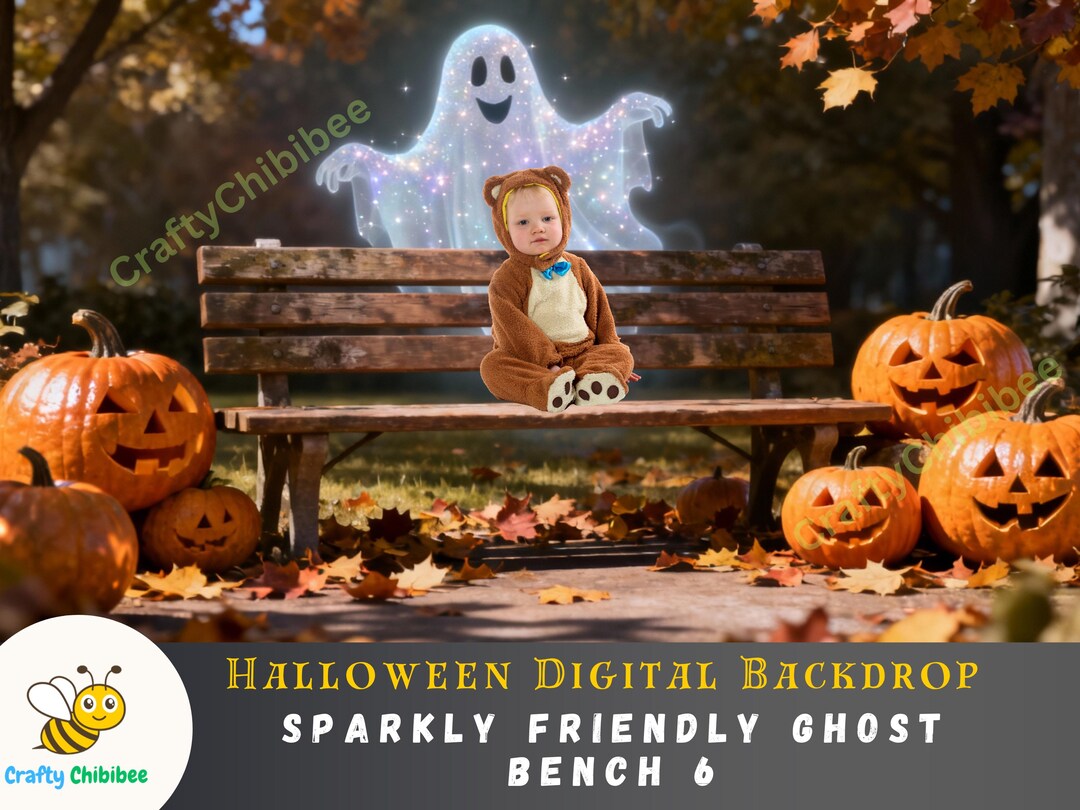 Cute Ghost Halloween Digital Backdrop | Sparkly Friendly Ghost Bench 6 ...