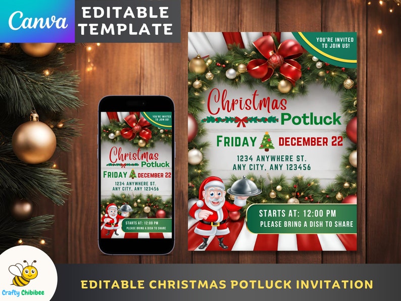 Christmas Potluck Invitation Flyer Template. Editable Canva Template ...