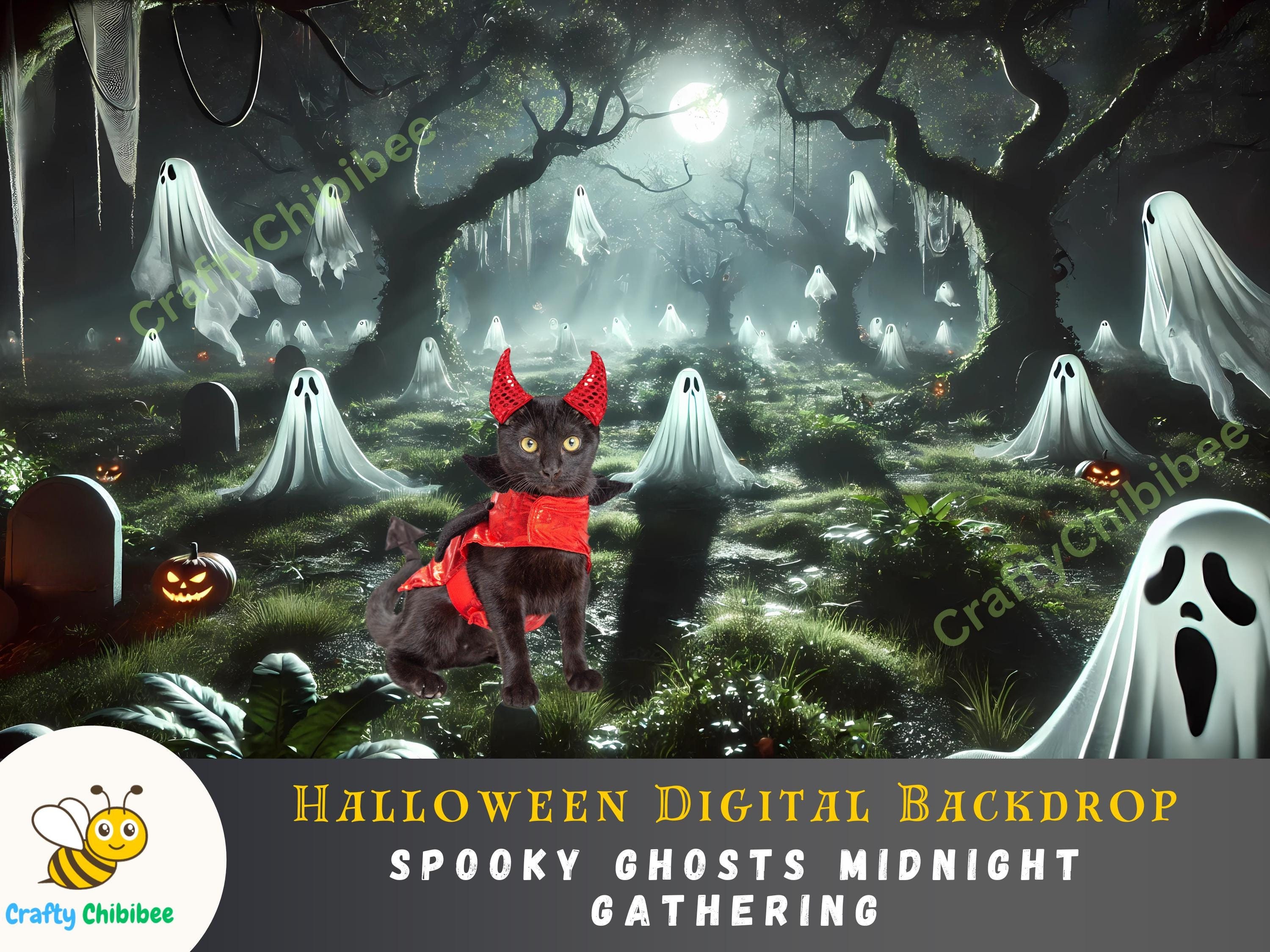Halloween Digital Backdrop | Spooky Ghosts Midnight Gathering ...