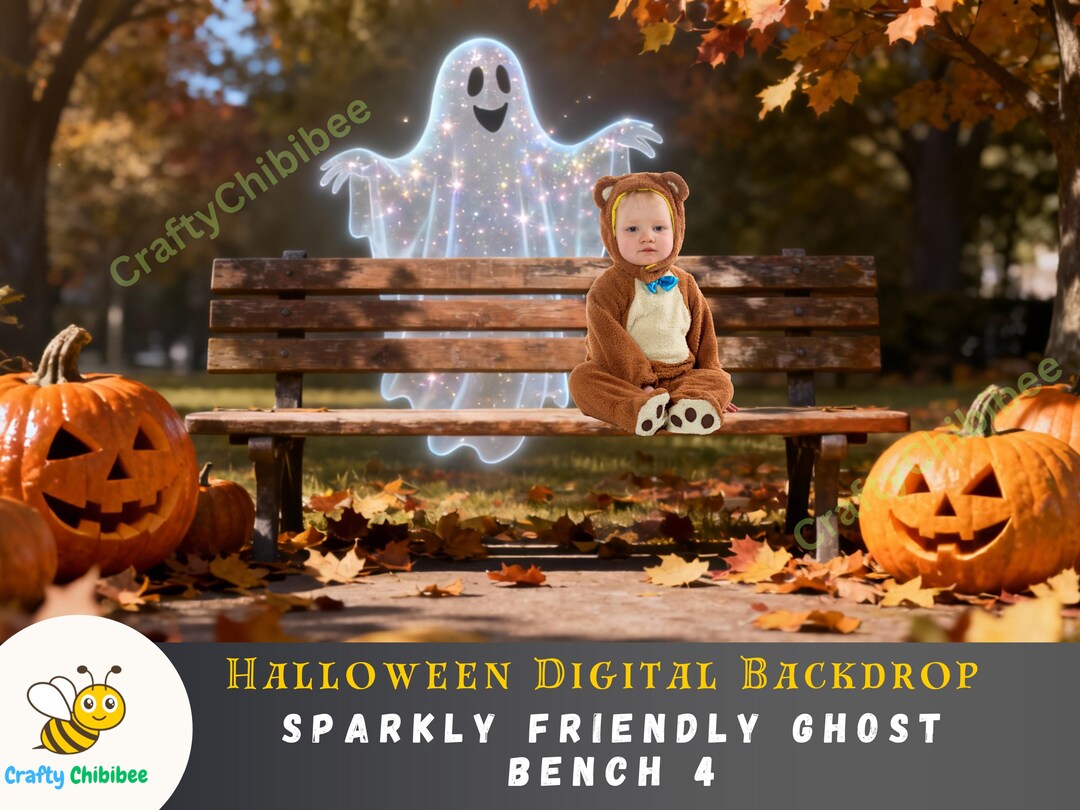 Cute Ghost Halloween Digital Backdrop | Sparkly Friendly Ghost Bench 4 ...