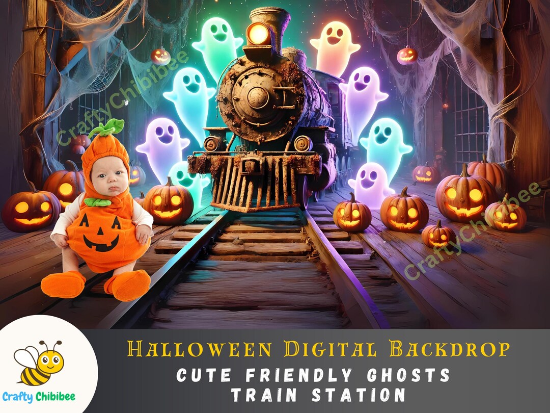 Halloween Digital Backdrop | Cute Friendly Ghosts Train Station ...