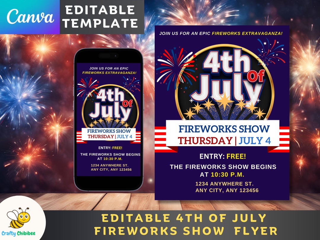 4th of July Fireworks Show Invitation Flyer. Editable Canva Template ...