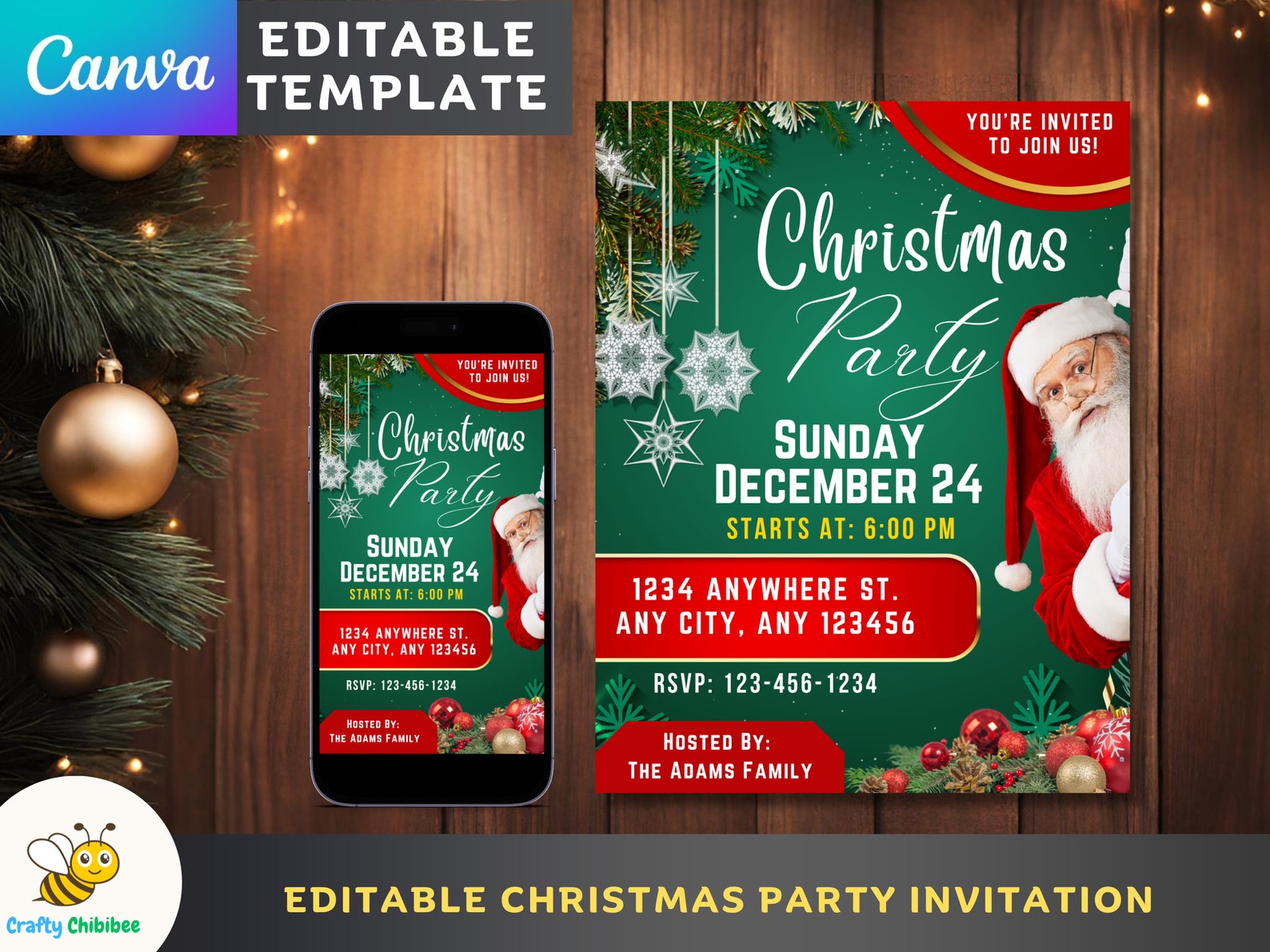 Christmas Party Invitation Flyer Santa Theme 2 Template. Editable Canva ...