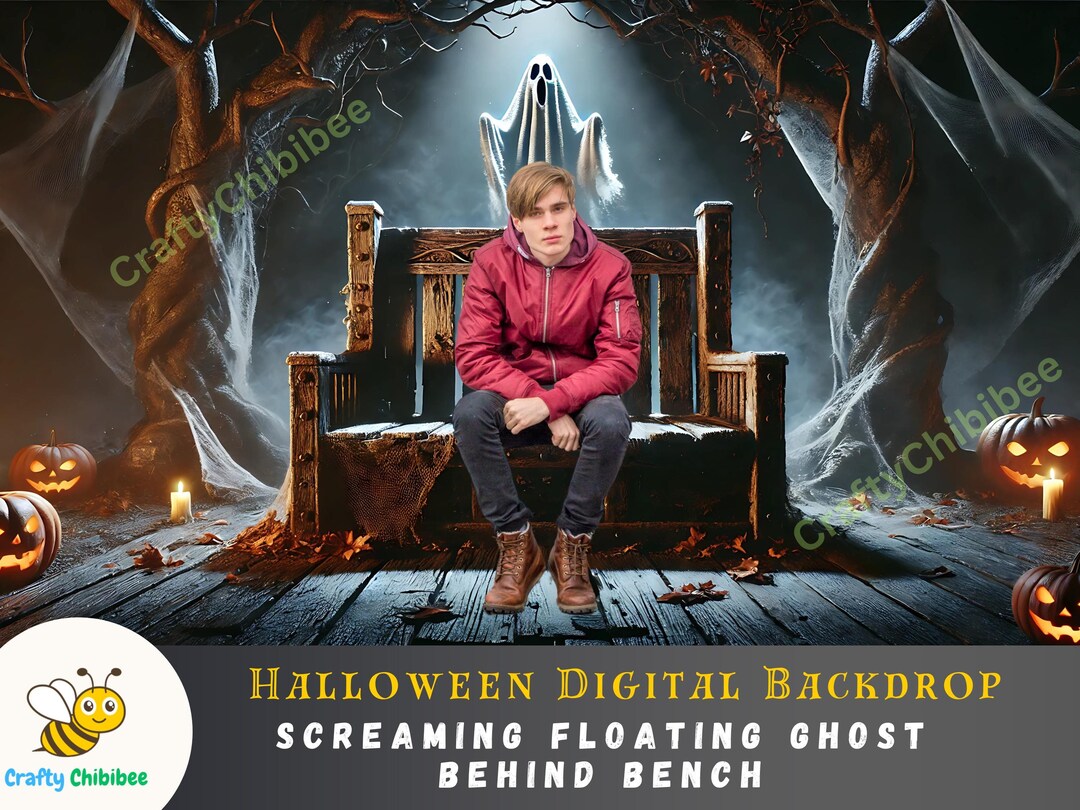 Halloween Digital Backdrop | Screaming Floating Ghost Behind Bench ...