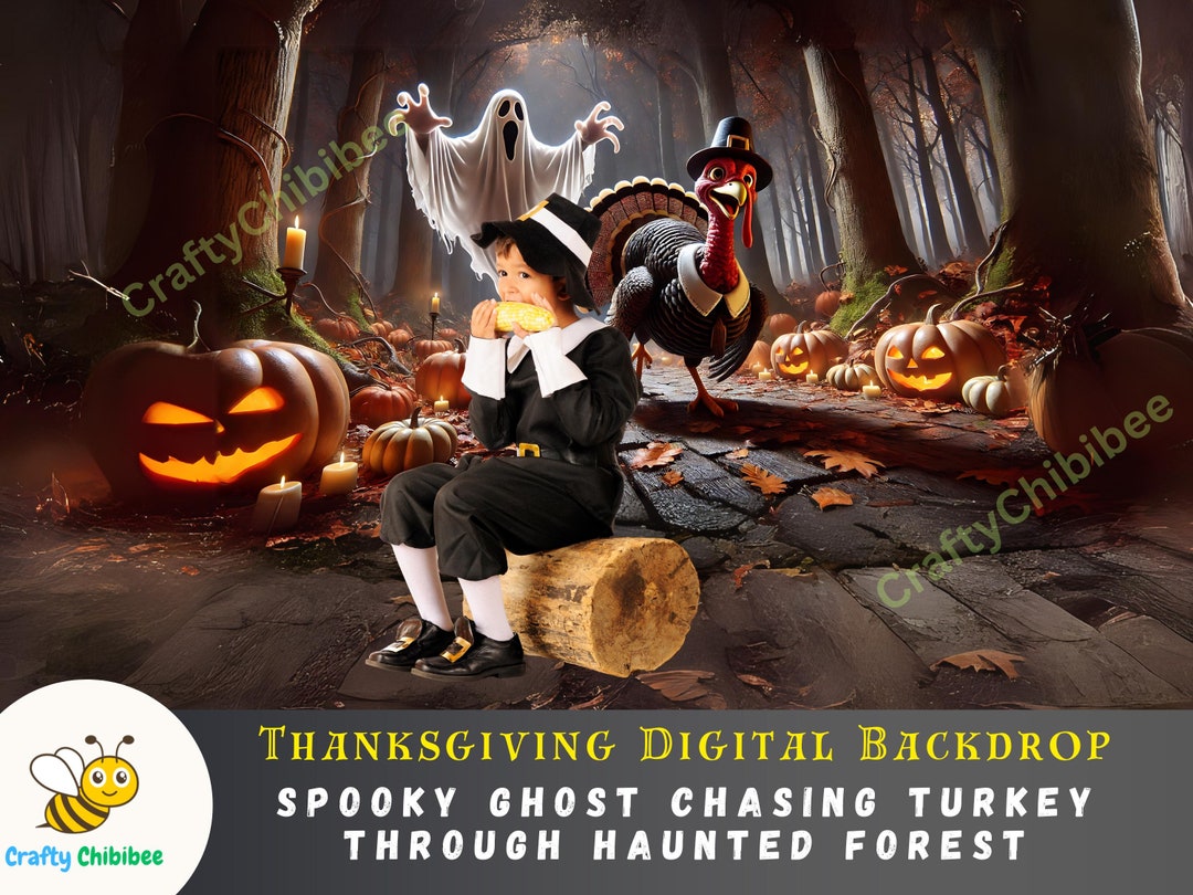 Thanksgiving Digital Backdrop | Spooky Ghost Chasing Turkey Through ...