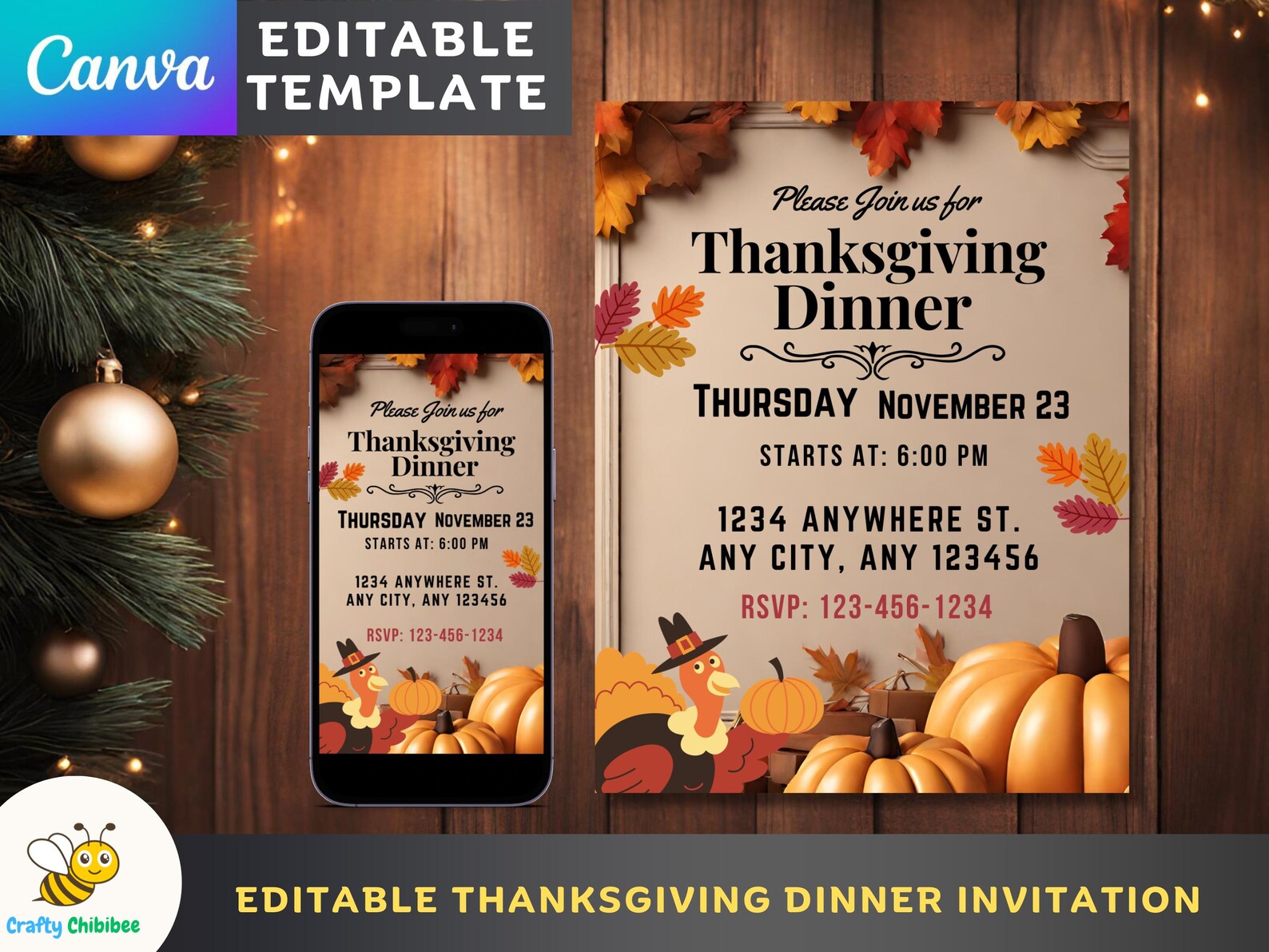 Thanksgiving Dinner Invitation Flyer Theme 1 Template. Editable Canva ...