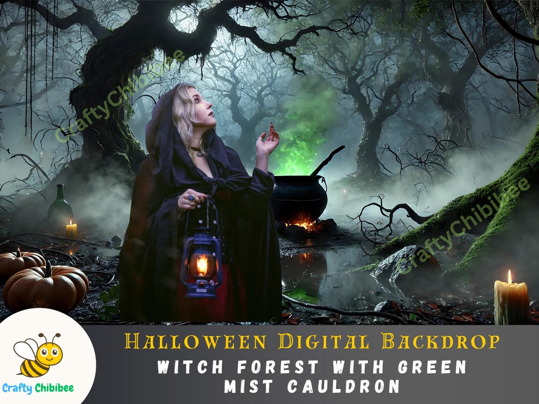 Halloween Digital Backdrop | Witch Forest With Green Mist Cauldron ...