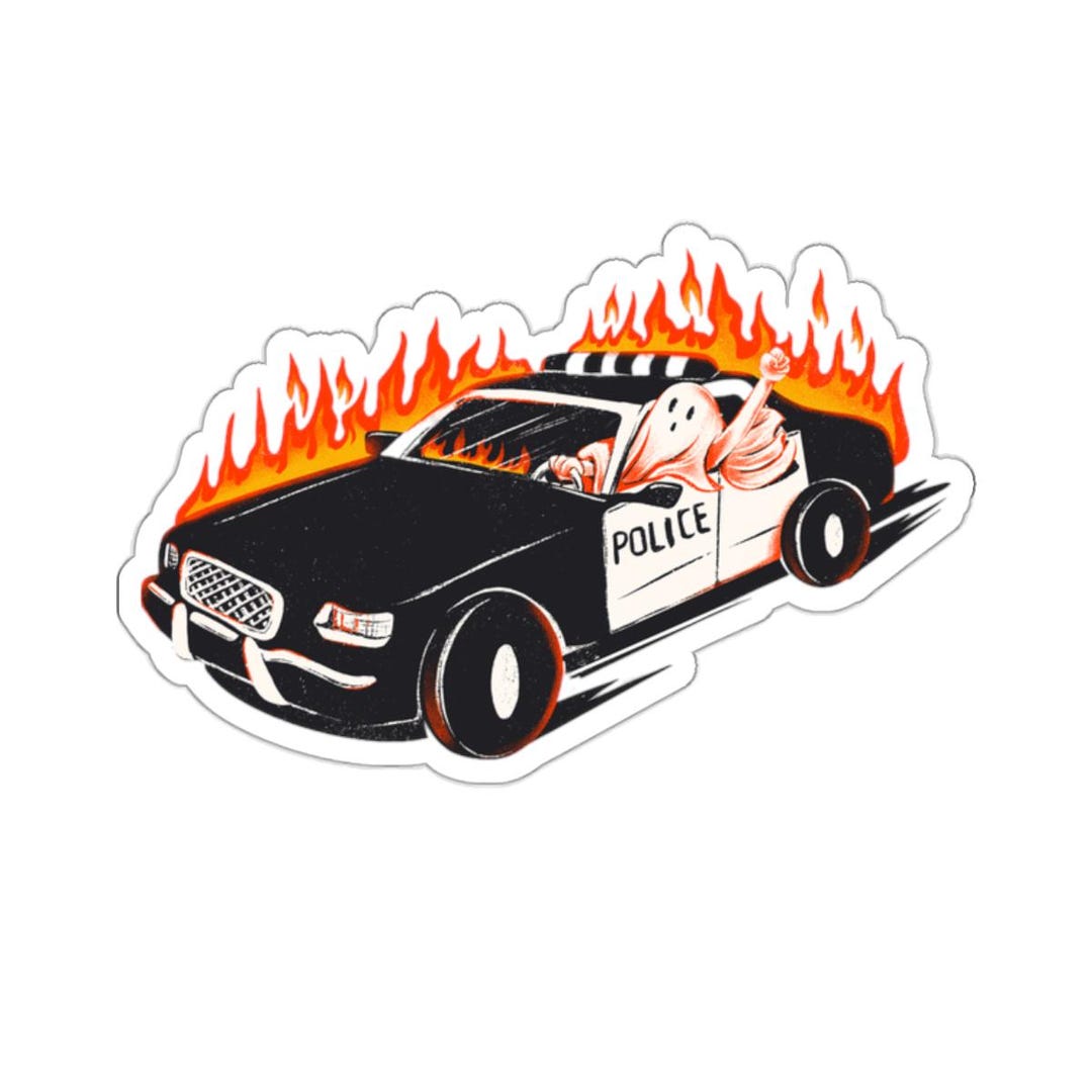 Halloween Ghost Cop Car Fire Kiss-cut Sticker, Spooky Decal, Creepy ...