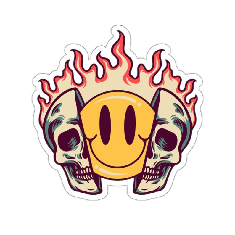 Trippy Smiley Face Skull Stickers, Retro Kiss-cut Decals, Hippie Laptop ...