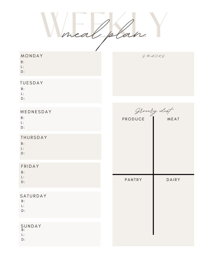 Minimalist Weekly Meal Plan Digital Download - Etsy