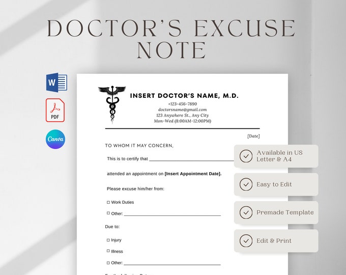 Doctors Excuse Note Template Editable, Fake Doctors Note, Excuse ...