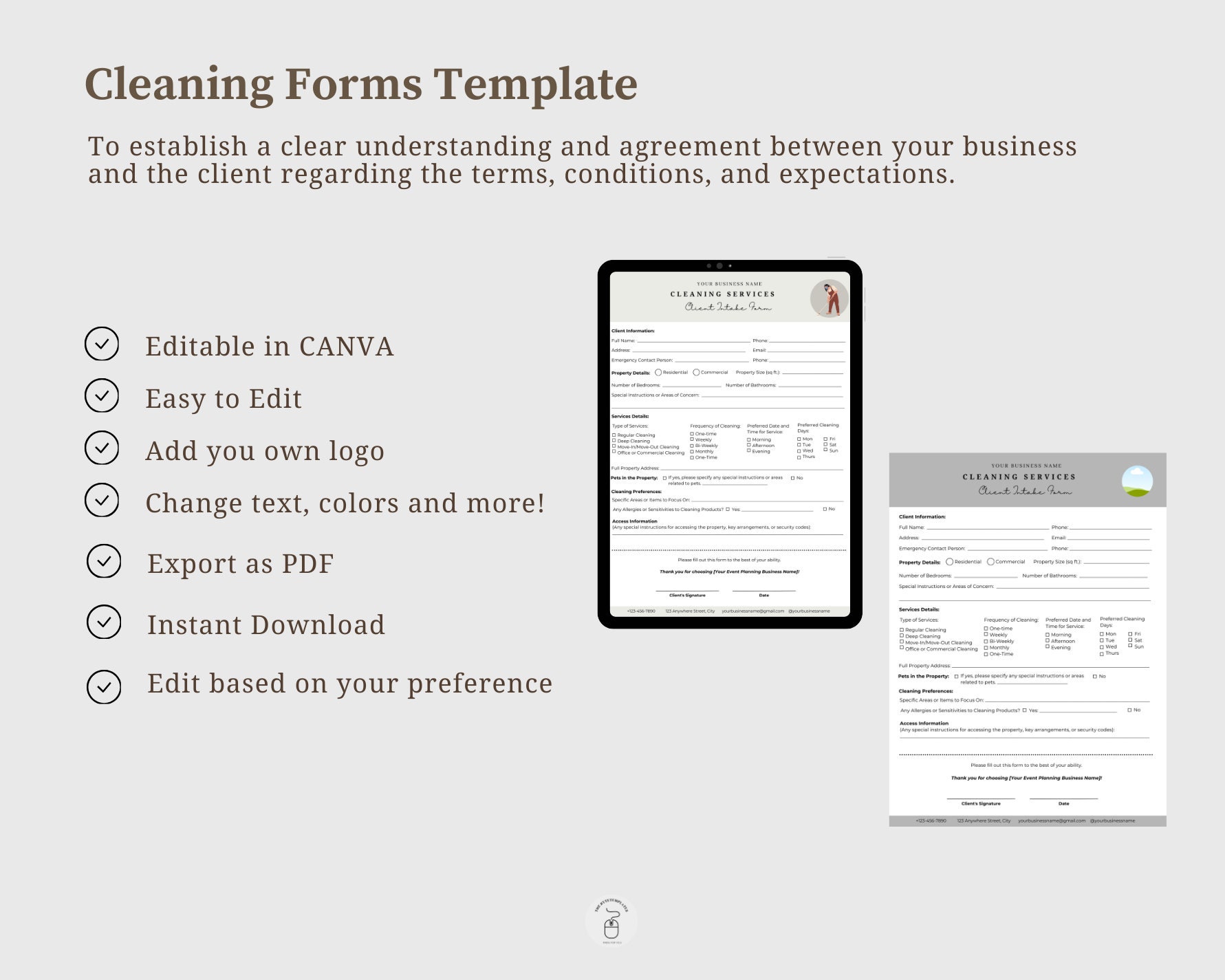 Cleaning Business Forms Bundle, Cleaning Contract, Cleaning Checklist ...