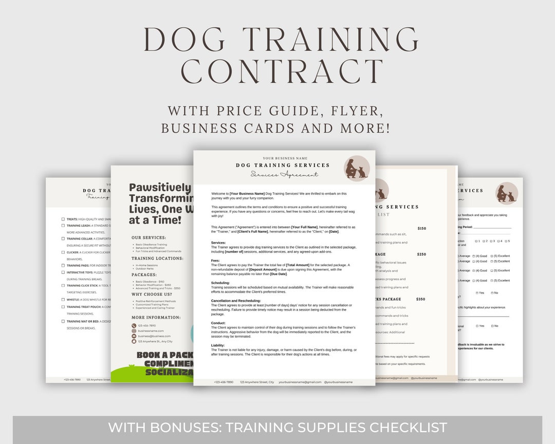 Dog Training Contract, Dog Training Services Agreement, Pet Business ...
