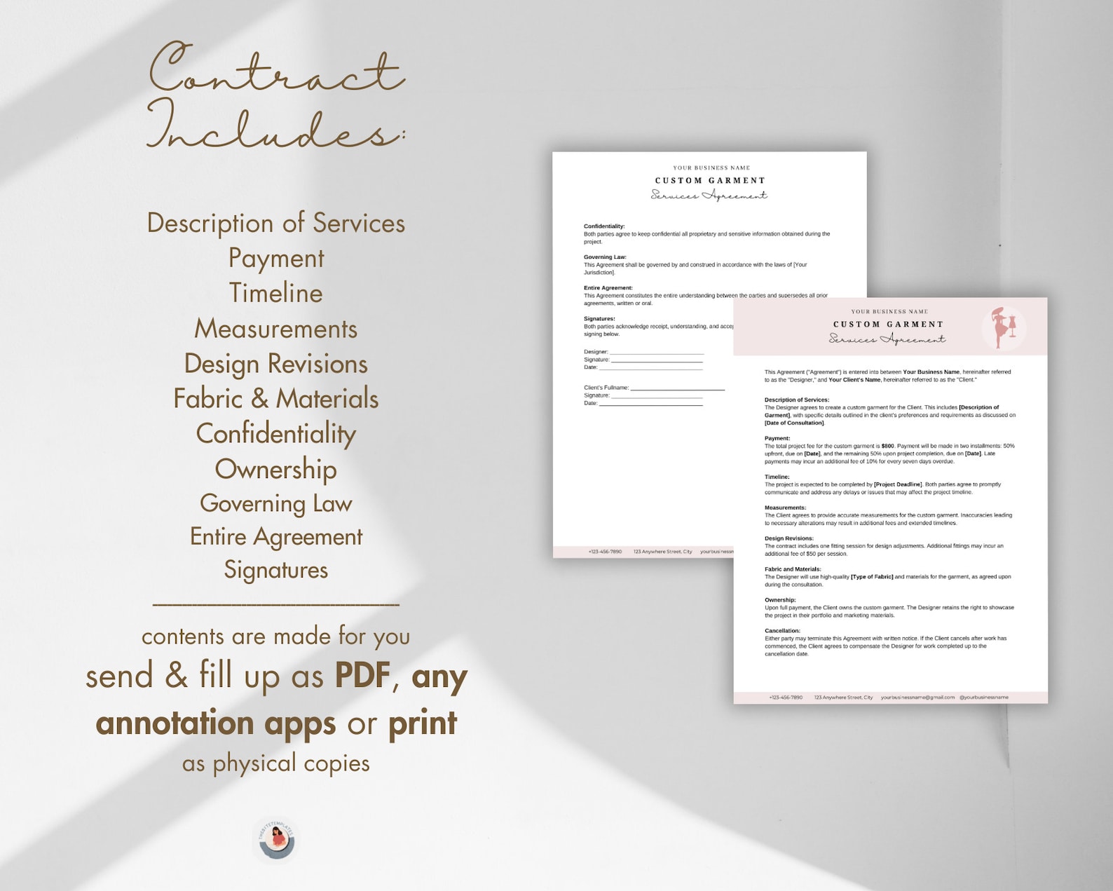 Custom Garment Contract, Tailor Made Clothing Agreement, Tailored Forms ...