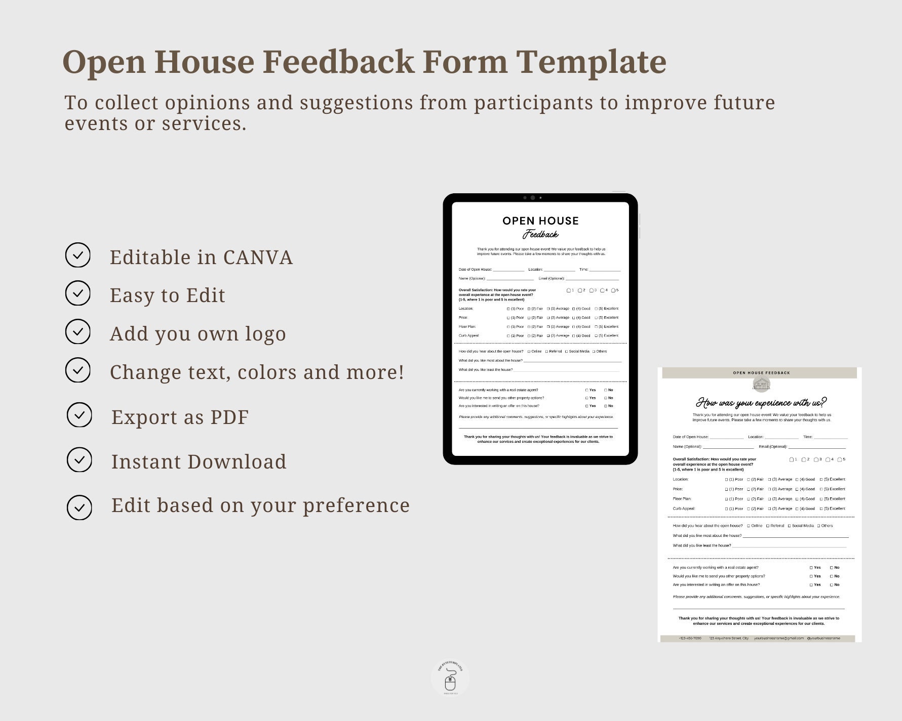 Open House Feedback Form Sign in Sheet, Real Estate Open House Feedback ...
