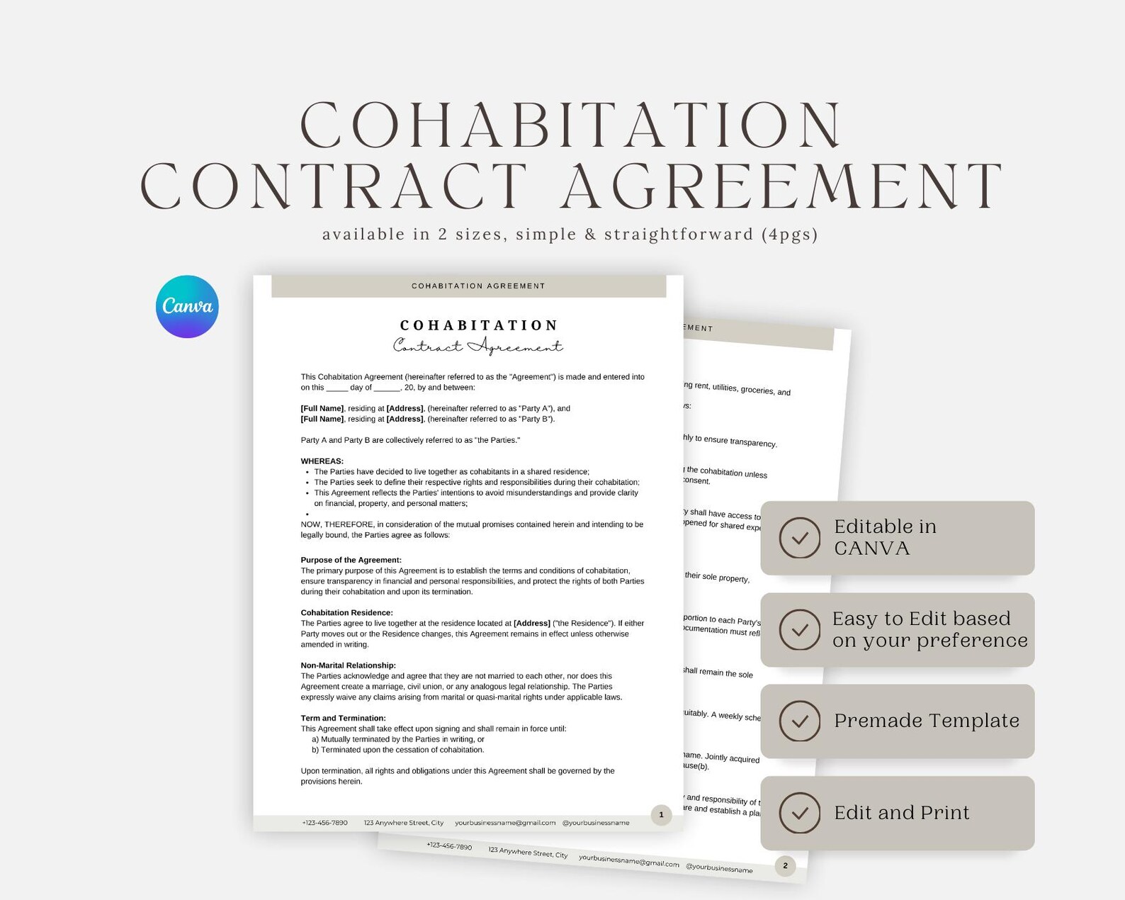 Editable Cohabitation Agreement, Living Together Agreement, Joint Household Agreement Template ...