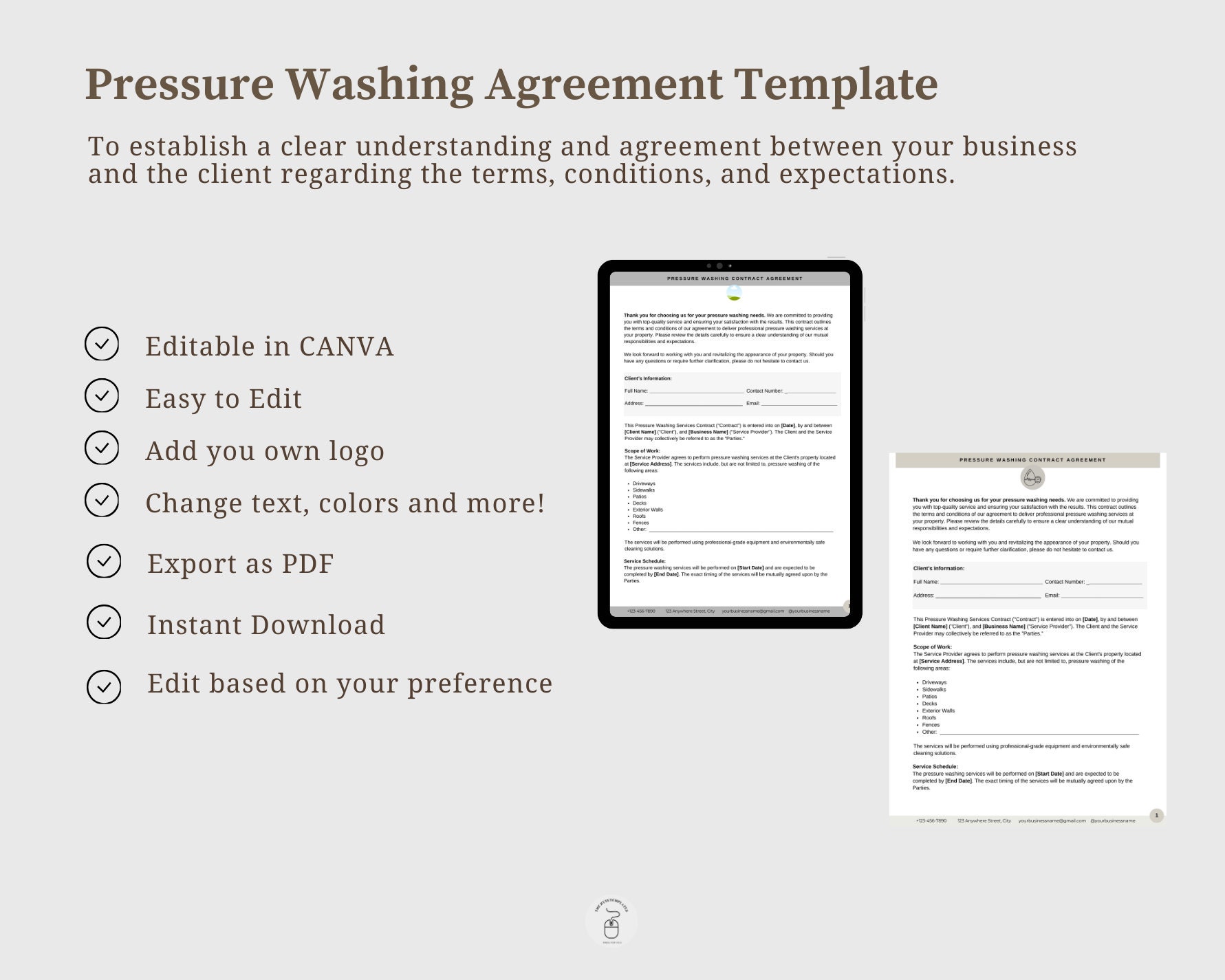 Pressure Washing Power Cleaning Agreement Contract Template, Business ...