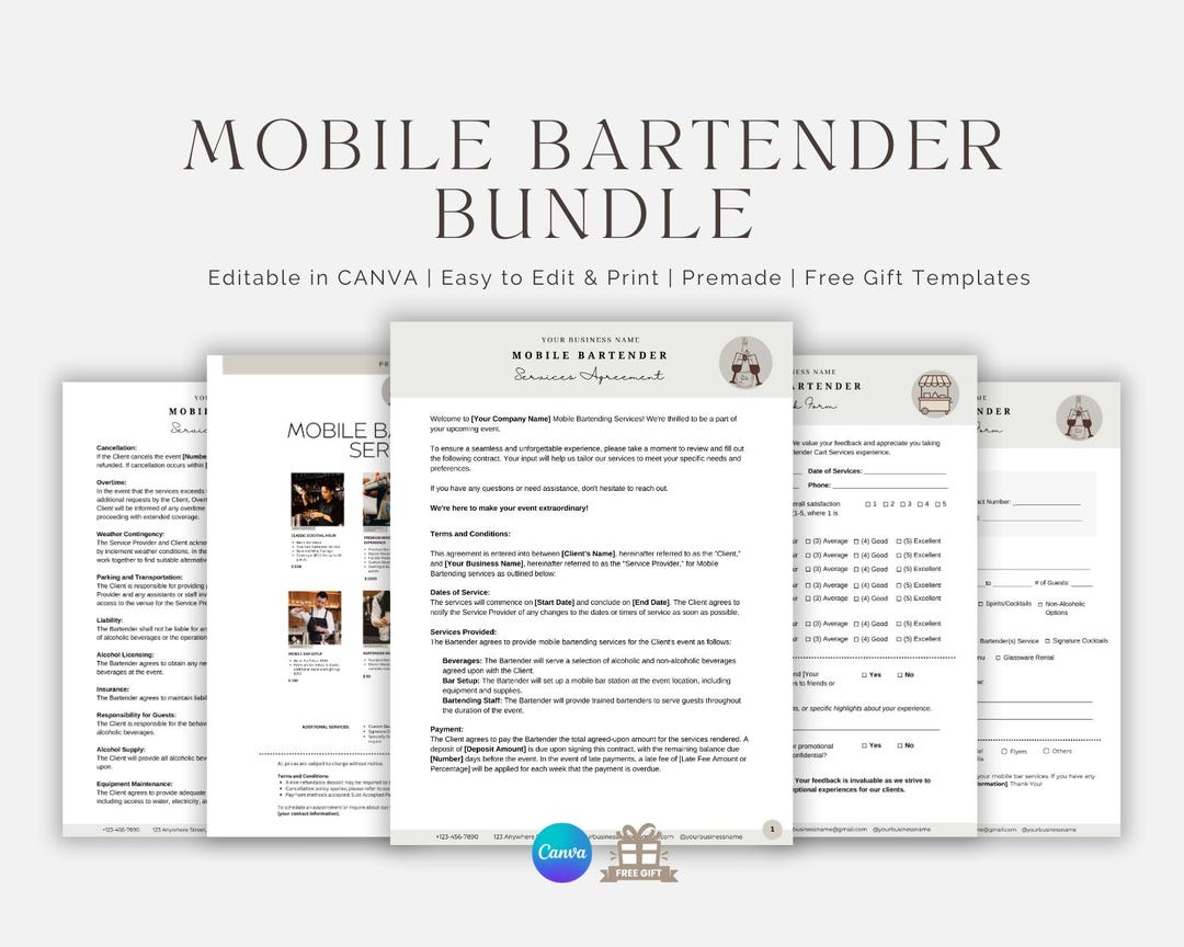 Mobile Bar Contract Bundle, Bartender Service Agreement, Bartending ...