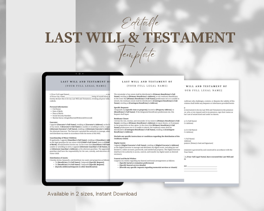 Last Will and Testament Template, Editable Will Document, Living Will ...