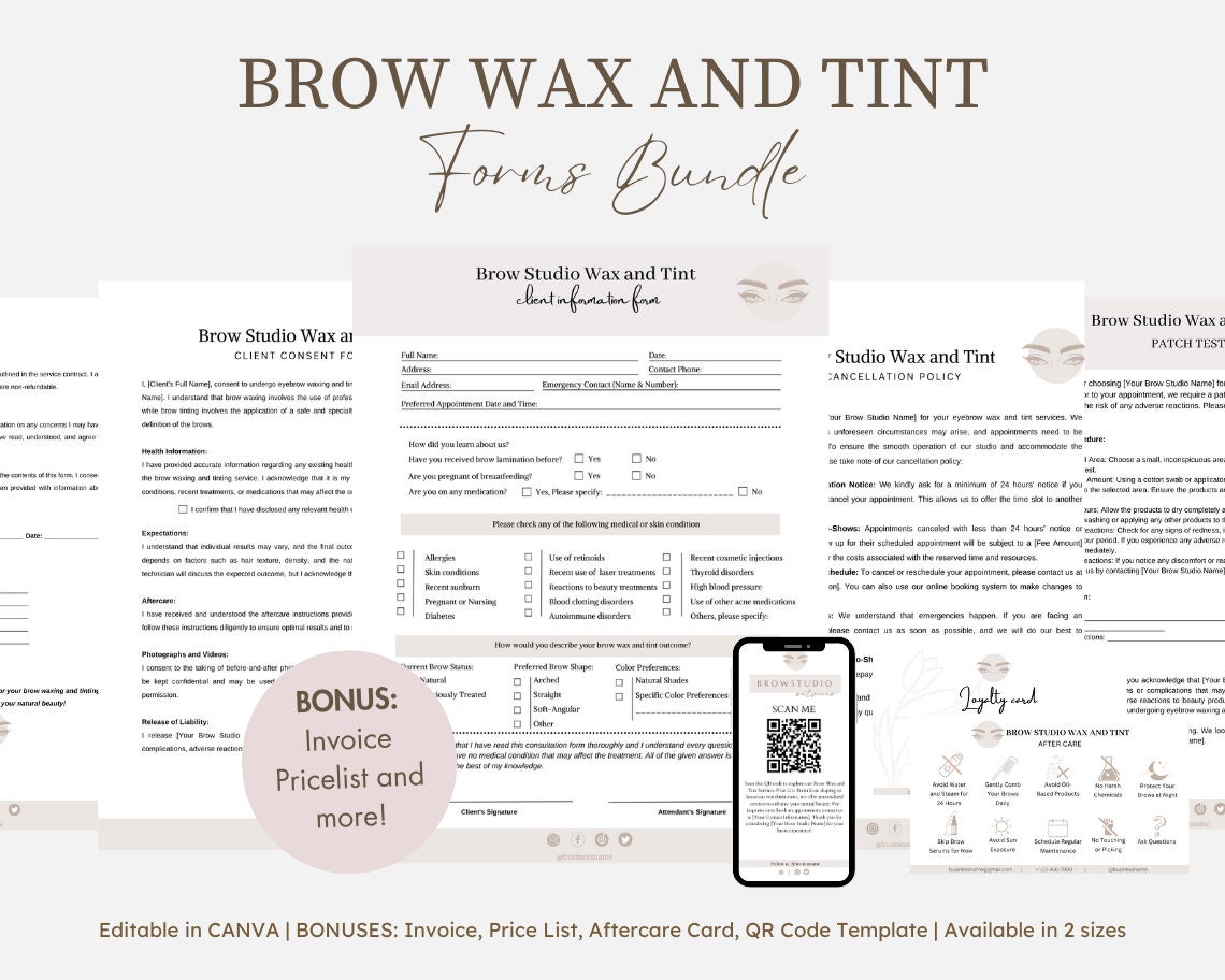 Esthetician Form, Brow Wax & Tint Client Forms Bundle - Editable ...