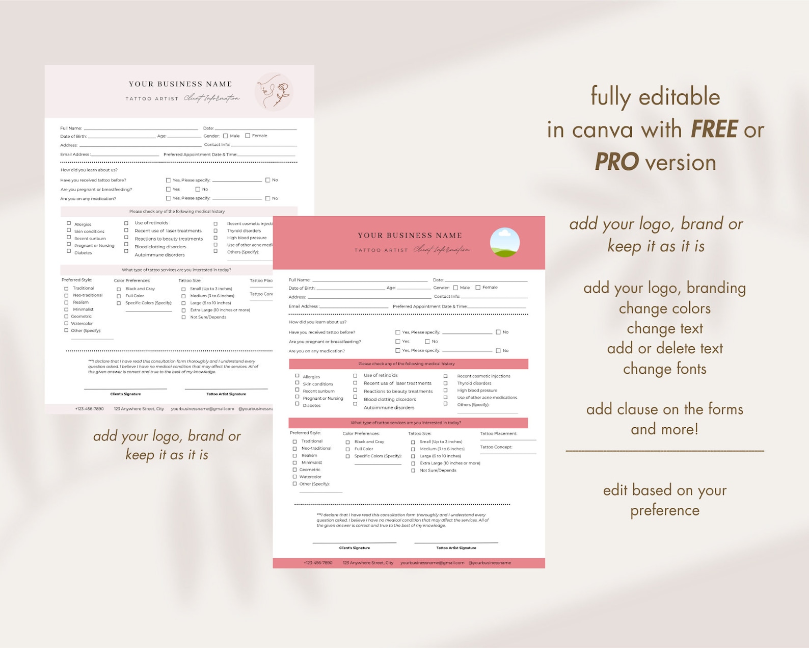 Tattoo Artist Forms Bundle, Tattoo Consent Form, Tattoo Intake Form ...