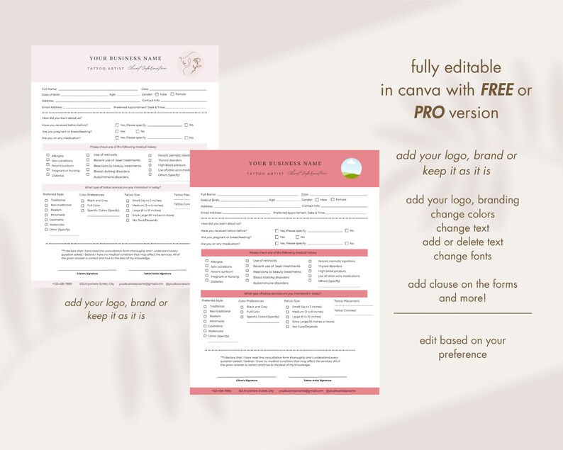 Tattoo Artist Forms Bundle, Tattoo Consent Form, Tattoo Intake Form ...