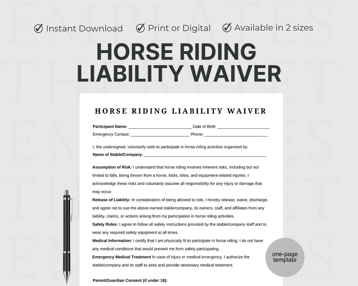 One Page Horse Riding Liability Waiver, Editable Equine Waiver Form ...