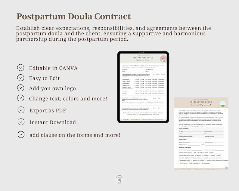 Postpartum Doula Intake Contract Template Care Package, Doula Business ...
