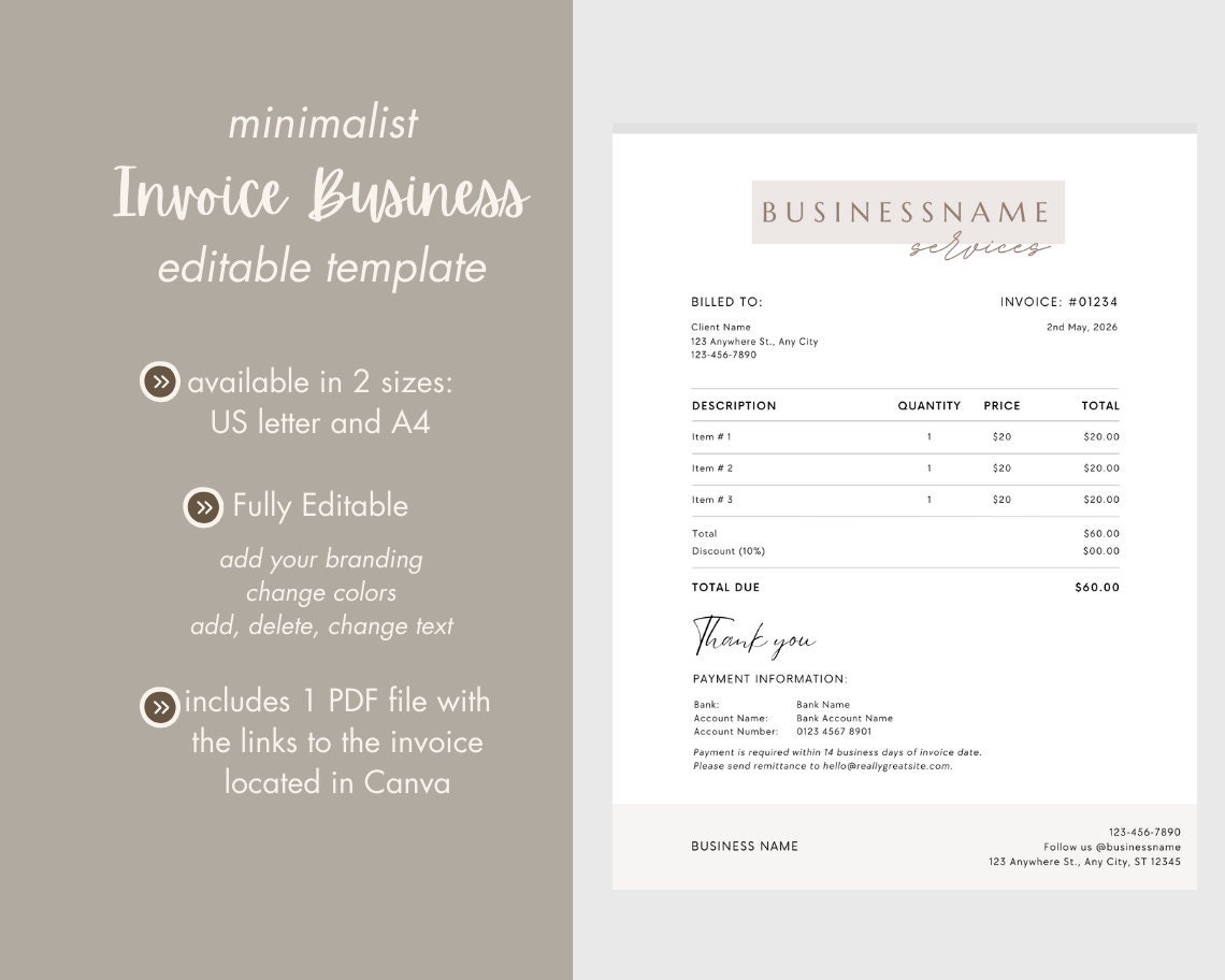 Invoice Template for Small Business, Minimalist Business Invoice ...