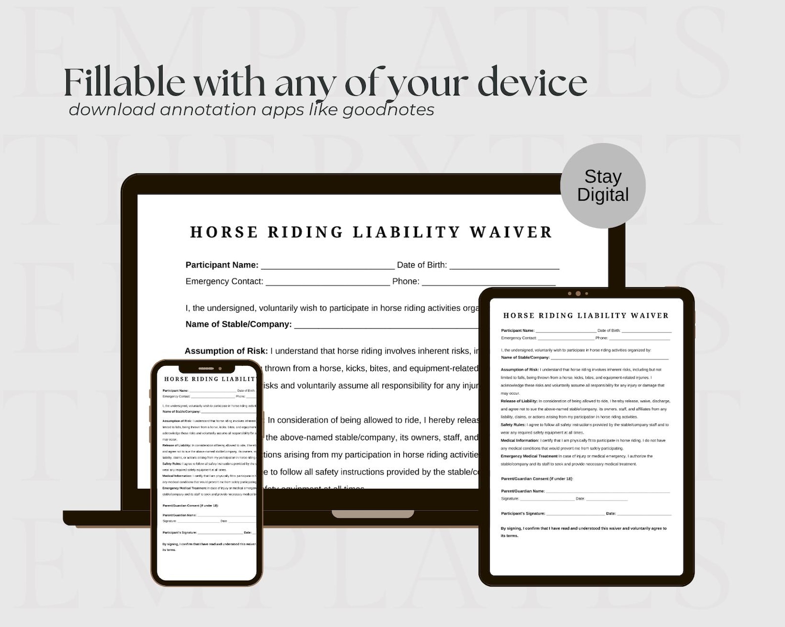 One Page Horse Riding Liability Waiver, Editable Equine Waiver Form ...