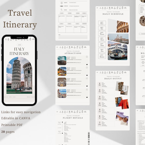 Minimal Aesthetic Travel Itinerary Template, Travel Itinerary for Italy ...