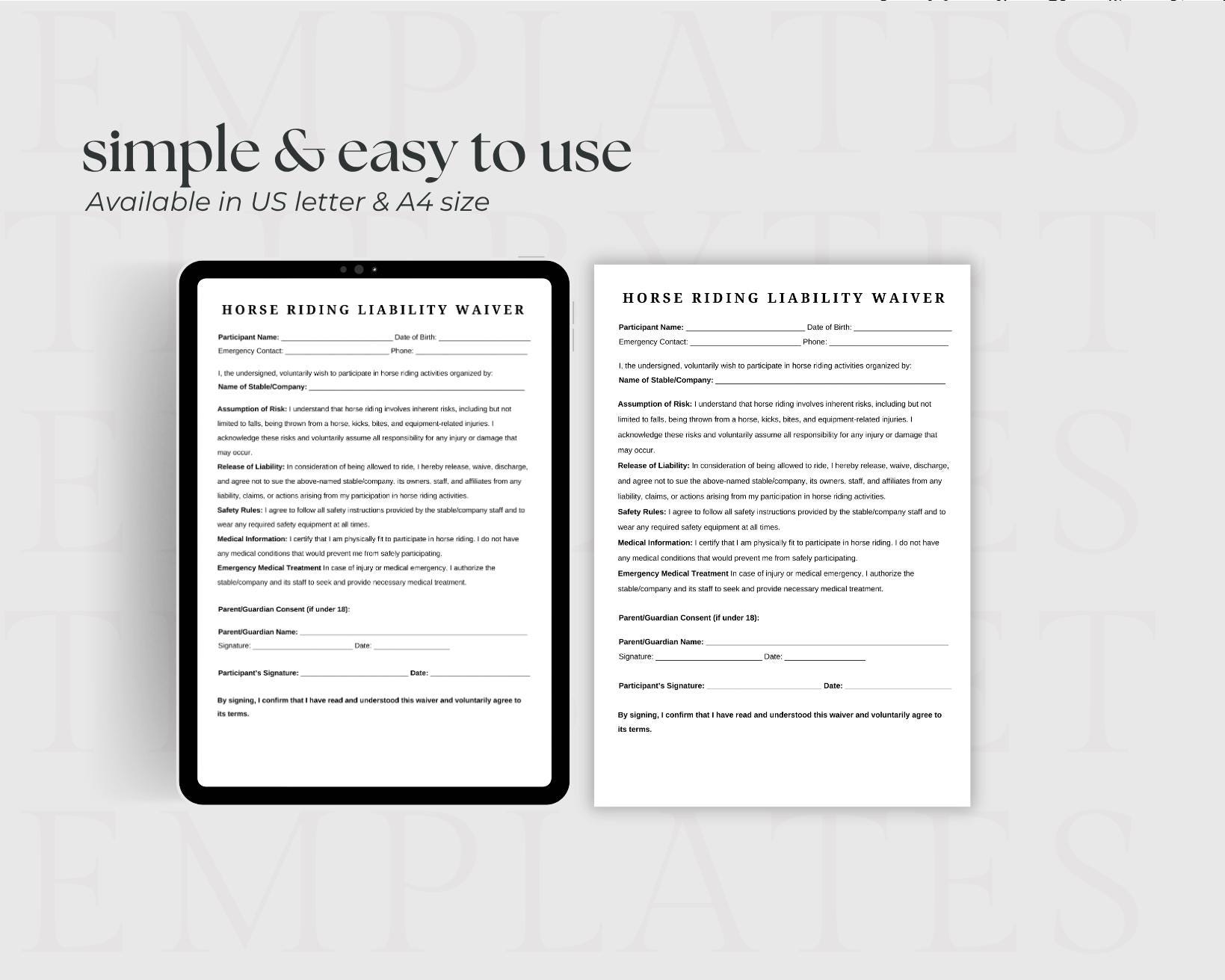 One Page Horse Riding Liability Waiver, Editable Equine Waiver Form ...
