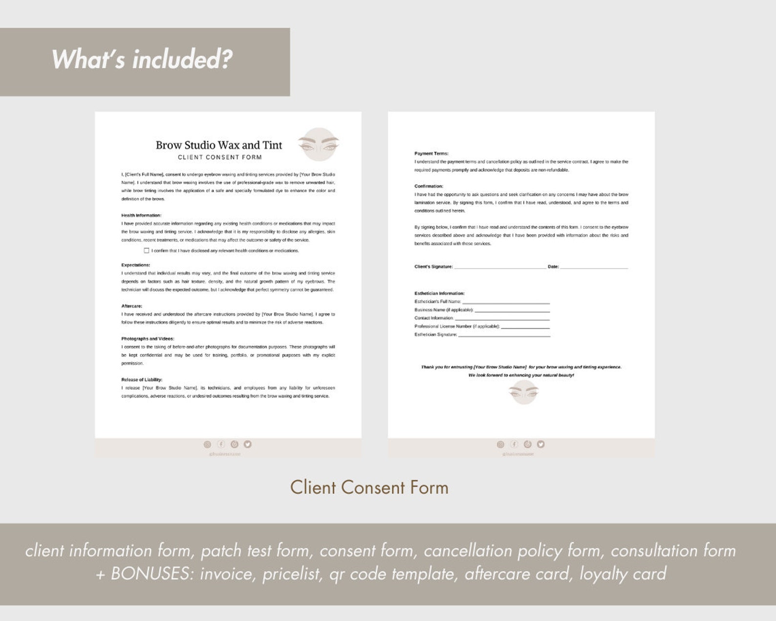 Esthetician Form, Brow Wax & Tint Client Forms Bundle - Editable ...