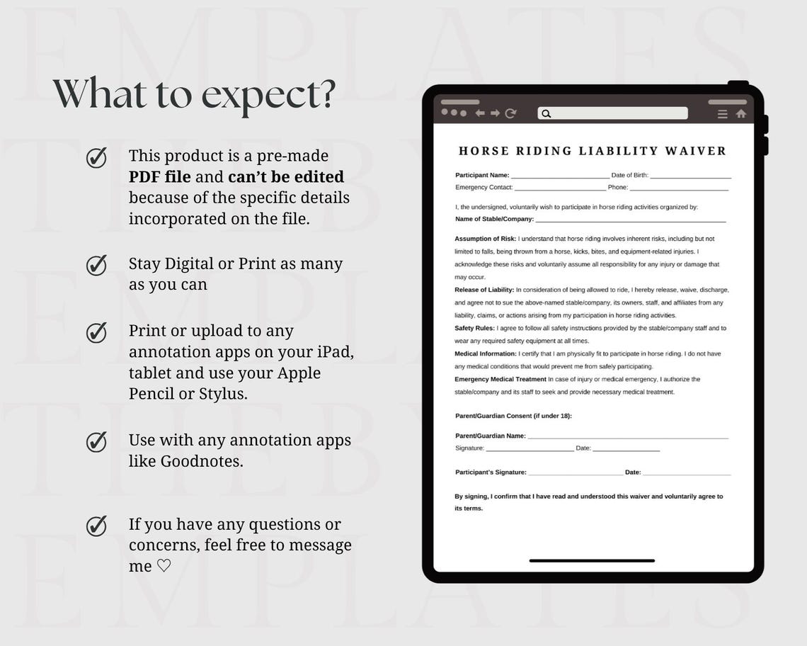One Page Horse Riding Liability Waiver, Editable Equine Waiver Form ...