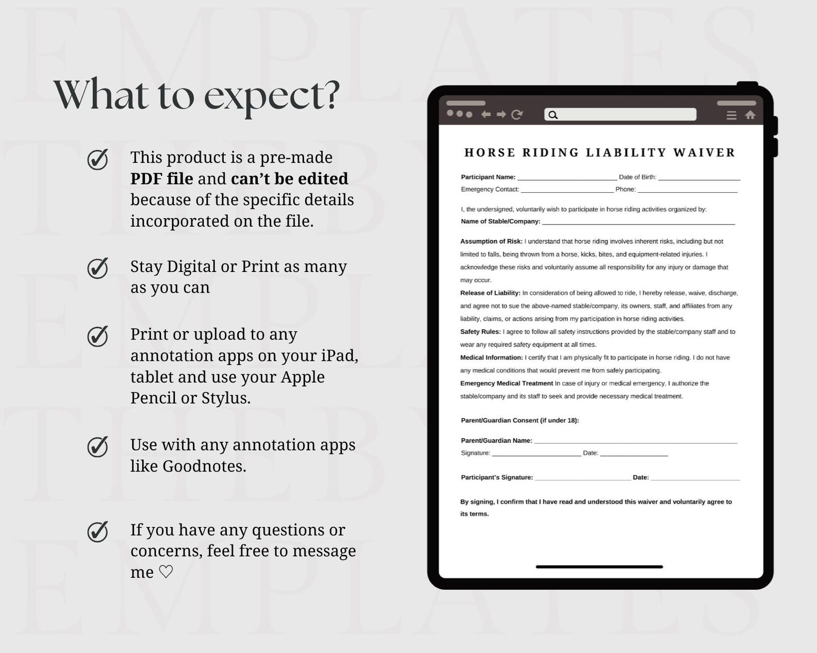 One Page Horse Riding Liability Waiver, Editable Equine Waiver Form ...
