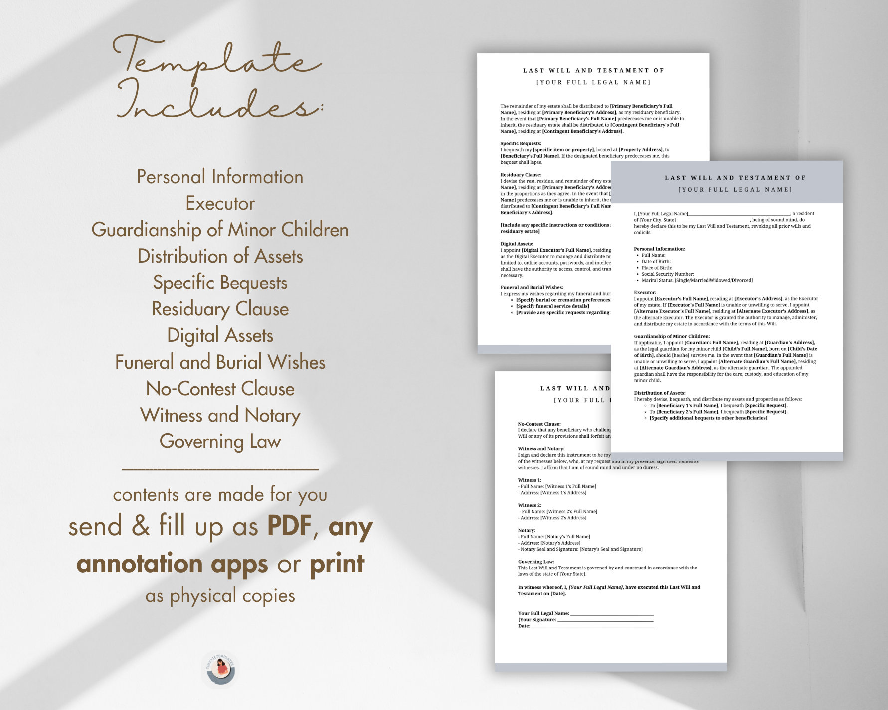 Last Will and Testament Template, Editable Will Document, Living Will ...