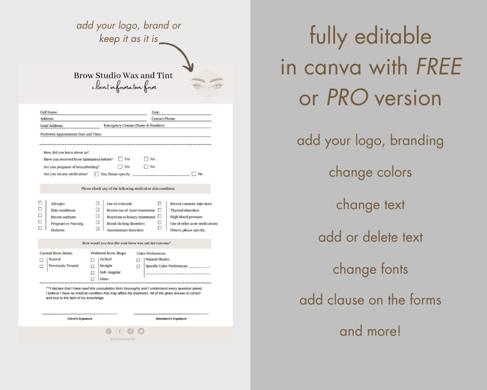 Esthetician Form, Brow Wax & Tint Client Forms Bundle - Editable ...