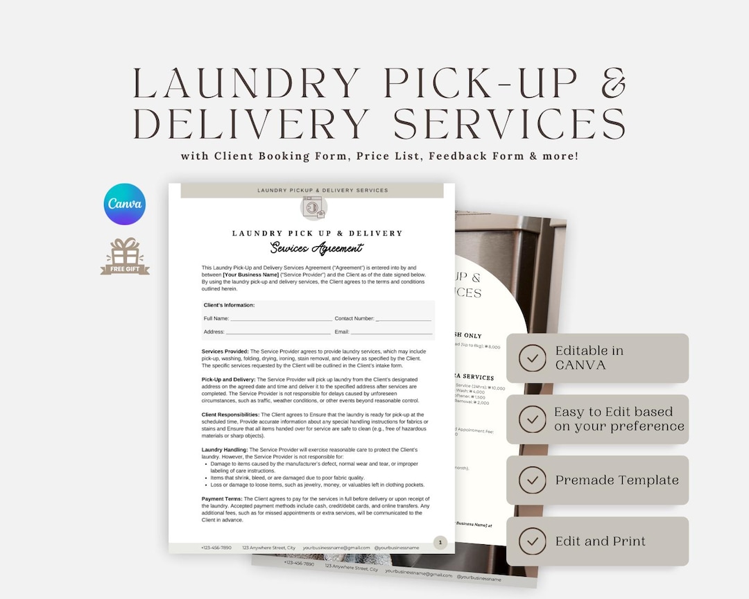 Editable Laundry Pick up & Delivery Services Forms Templates, Pick and ...