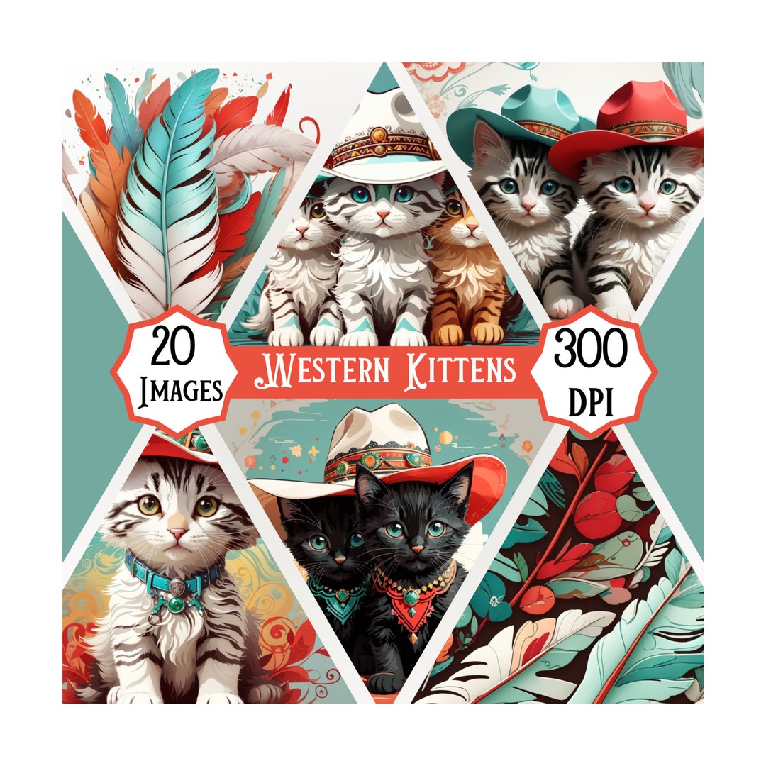 Western Cats Digital Art Bundle | 11 Kitten Images, 5 Seamless Feather ...