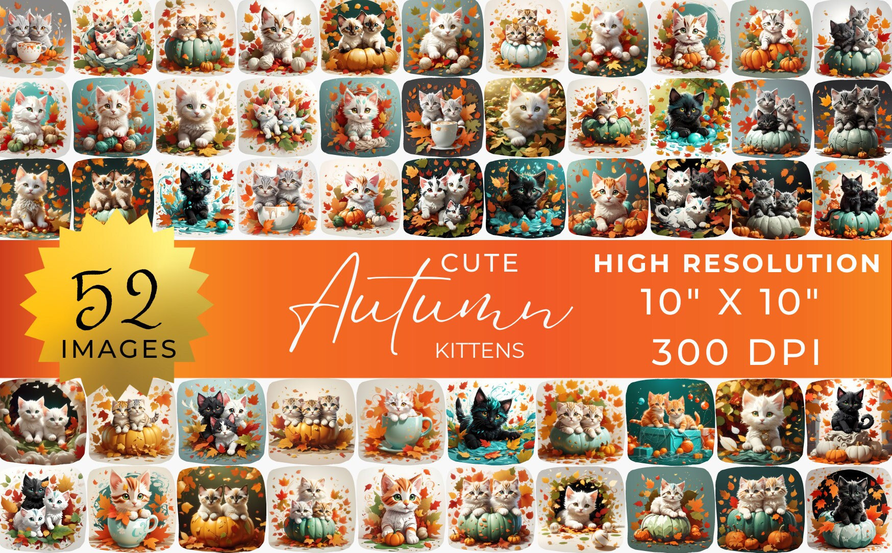Cute Autumn Kitten Digital Art Bundle | Fall Cat Graphics | Autumn ...