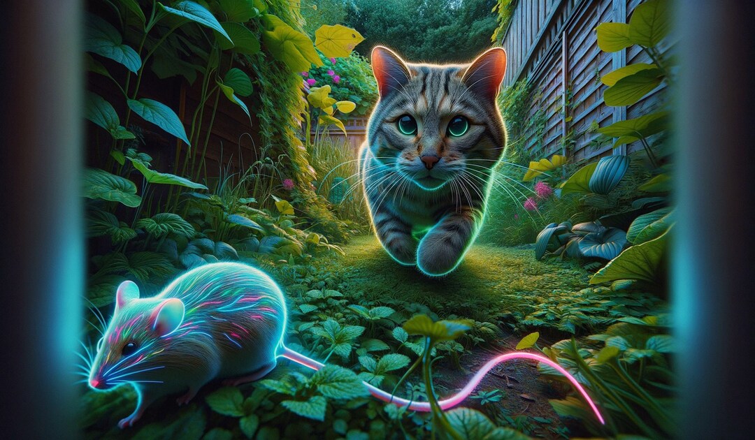 Neon Kat & Muis Kunstwerk - Betoverende Tuin Scene Digitale Download ...