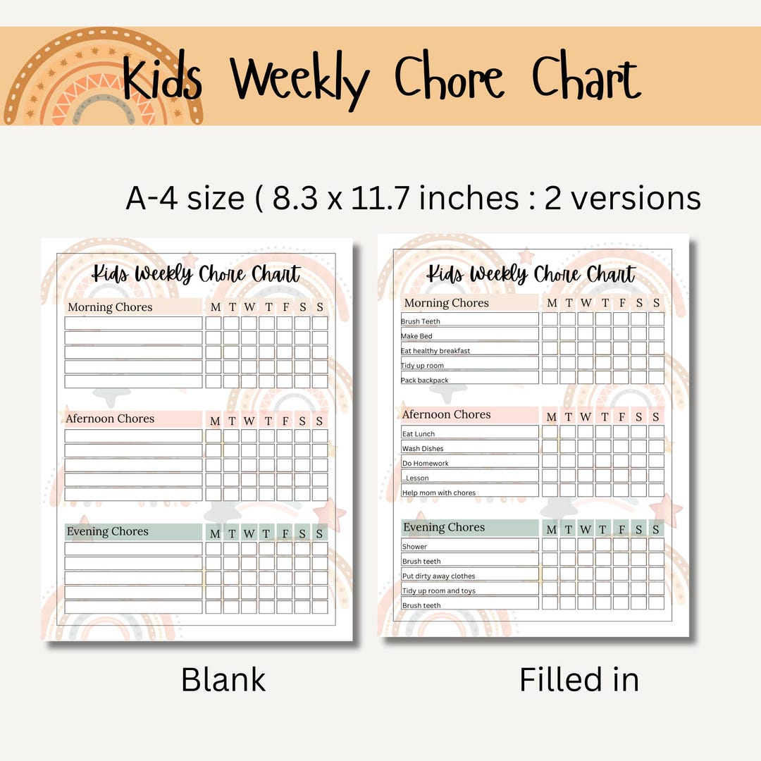 Kids Weekly Chore Chart, Rainbows ,morning, Afternoon , Evening Chores, Printable Organize ...
