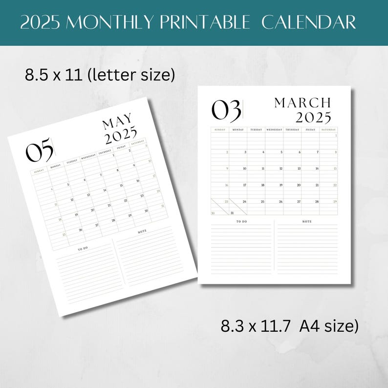 2025 Monthly Calendar, Printable Monthly Calendar, Minimalist Design ...