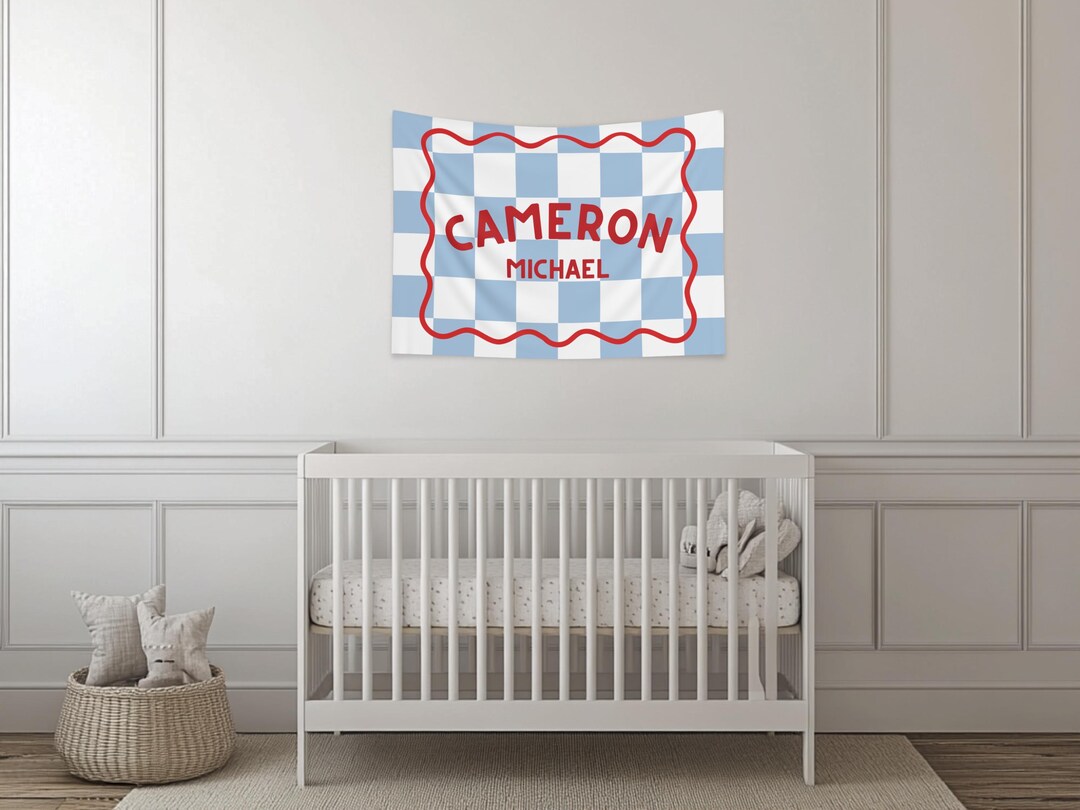 Checkered Boy Name Banner Scalloped Room Decor Boy Name Sign Red and ...