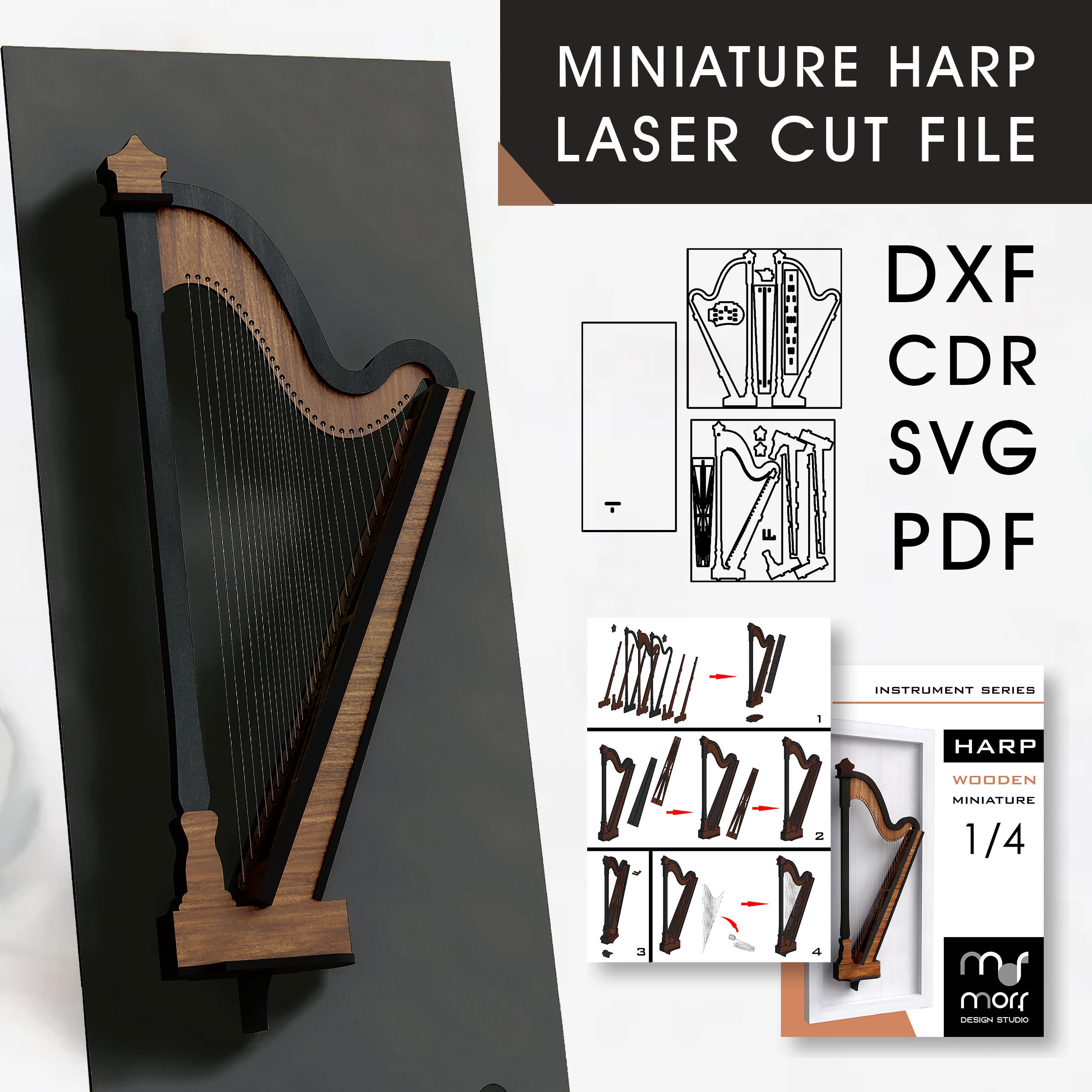 Harp Instrument Model, Harp Digital File, Harp Laser Cut, Kithara Gift ...