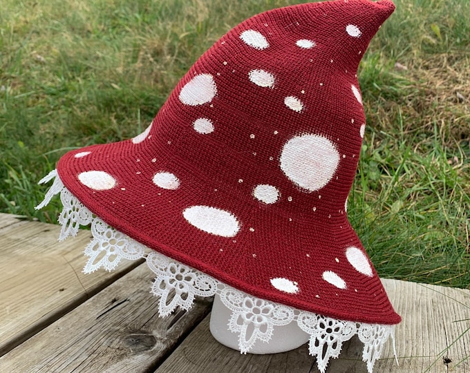 Mushroom Witch Hat Fairycore Cottagecore Whimsical Lace Trim Red and ...