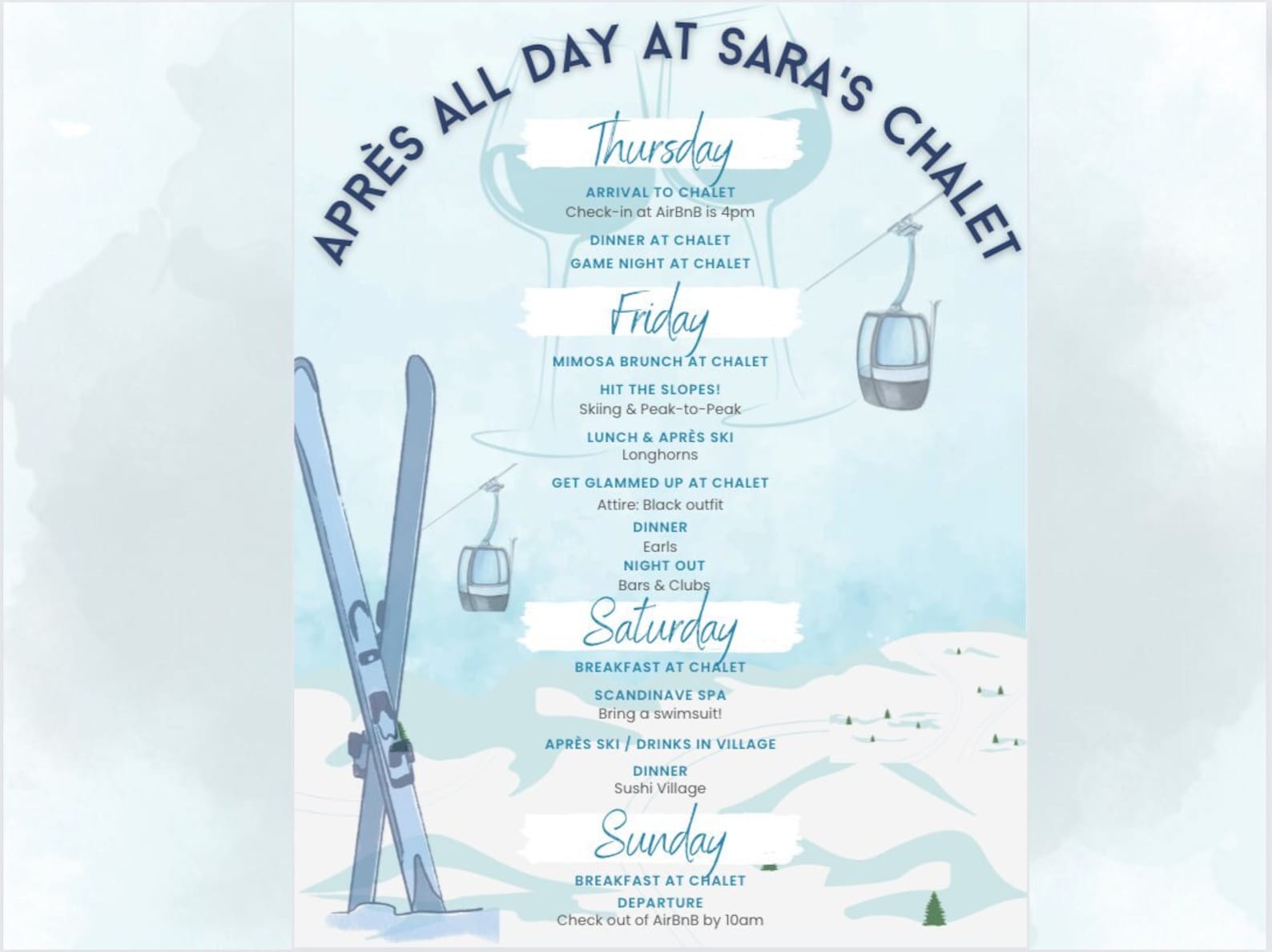 Editable Winter Bachelorette Agenda, Itinerary, Apres Ski Digital ...