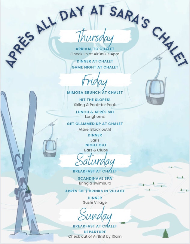 Editable Winter Bachelorette Agenda, Itinerary, Apres Ski Digital ...