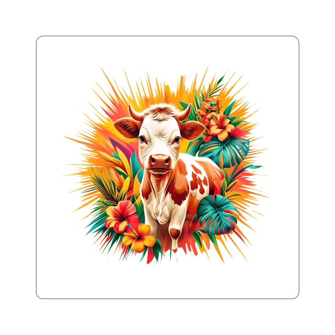 Tropical Cow Sticker, Cute Cow Decal for Laptop, Laptop Sticker, Animal ...