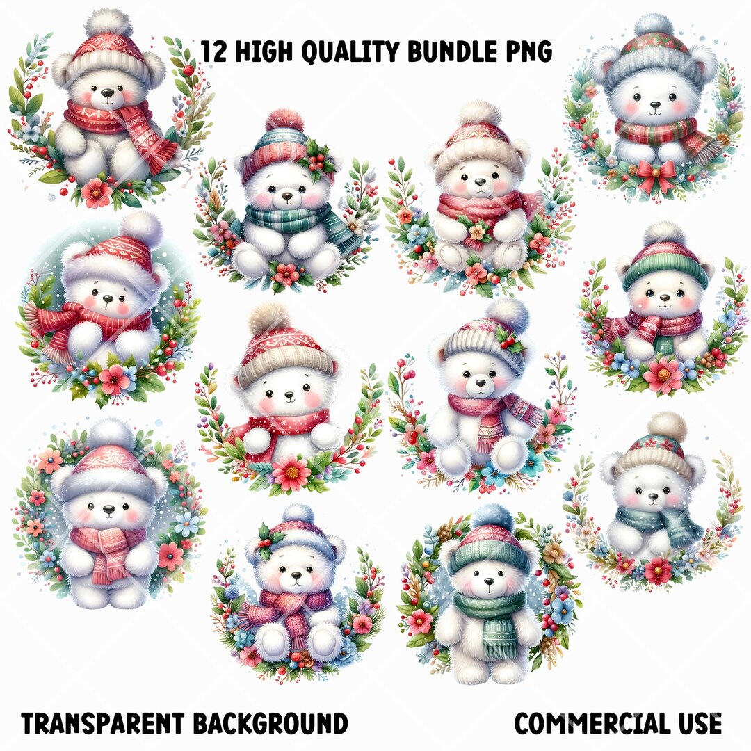 Christmas Polar Bear Clipart Bundle, Polar Bear Clip Art, Cute Polar ...